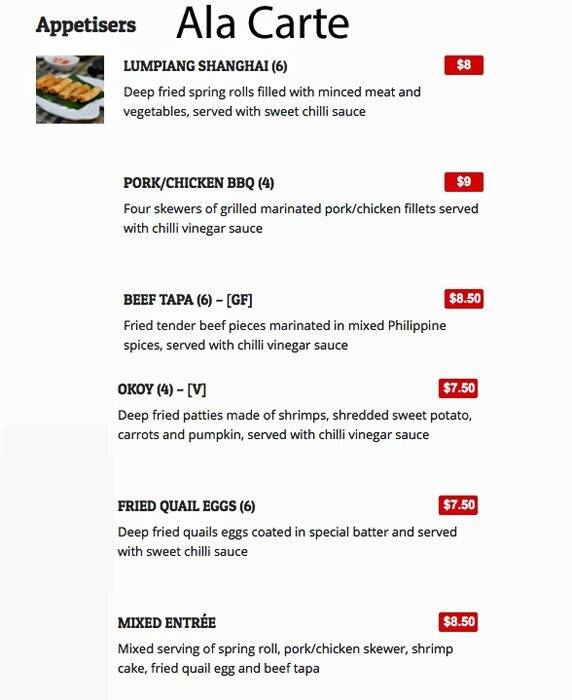 Menu at La Mesa restaurant, Sydney