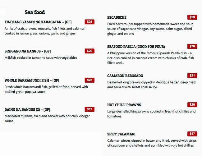 Menu at La Mesa restaurant, Sydney