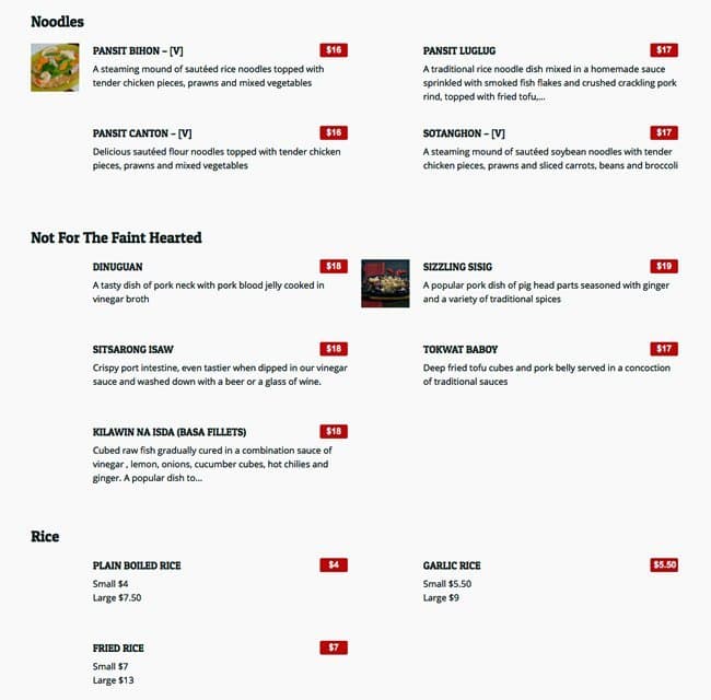 Menu at La Mesa restaurant, Sydney