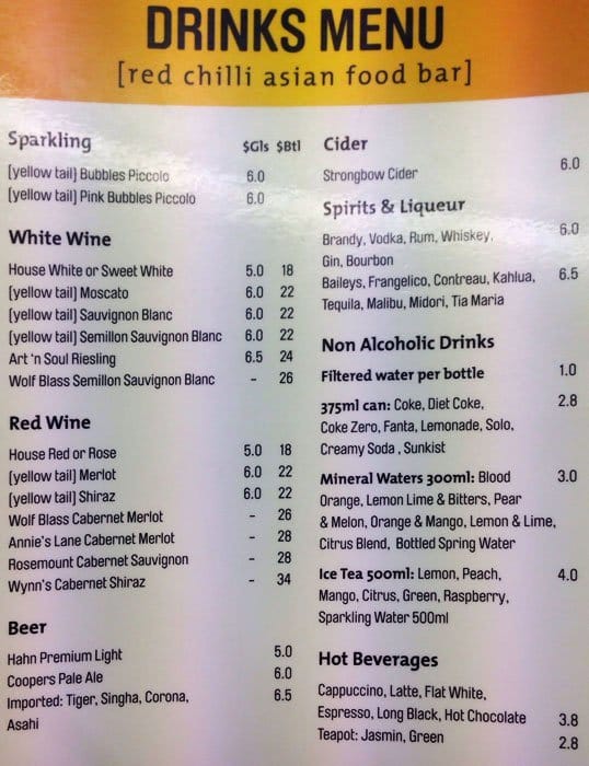 Menu at Red Chilli Asian Food Bar, Elizabeth