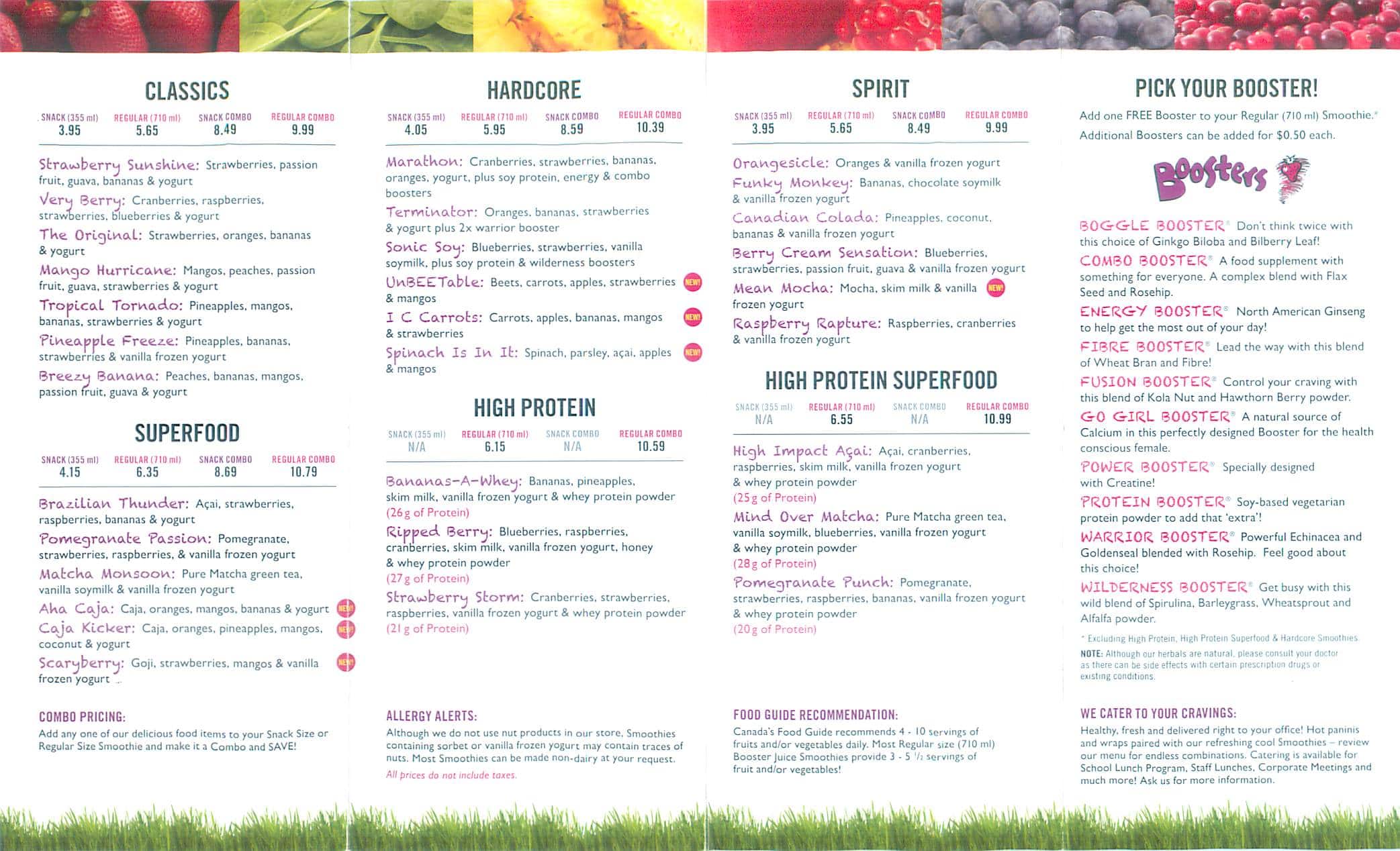 Menu at Booster Juice pub & bar, Calgary, Sunridge Way NE Unit 110