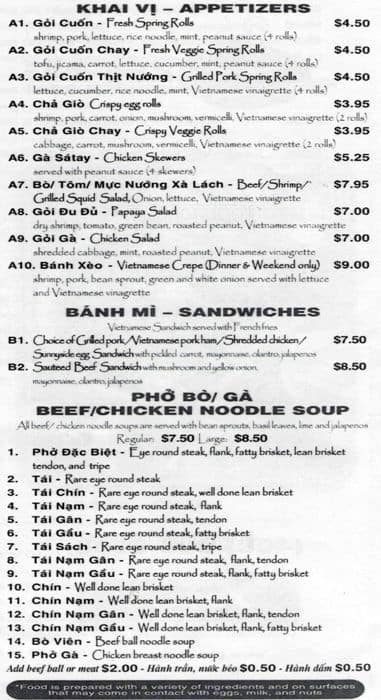 Menu at Pho Khang restaurant, Santa Clara, Tasman Dr
