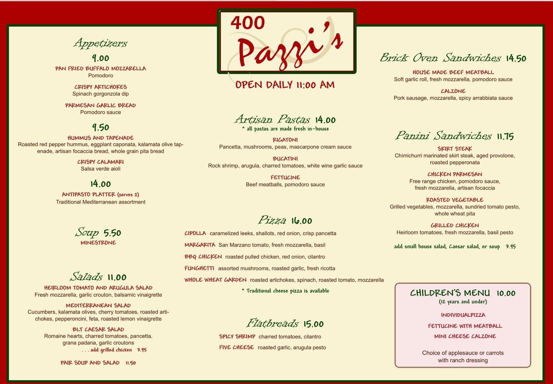 Menu at 400 Pazzis pizzeria, Marco Island