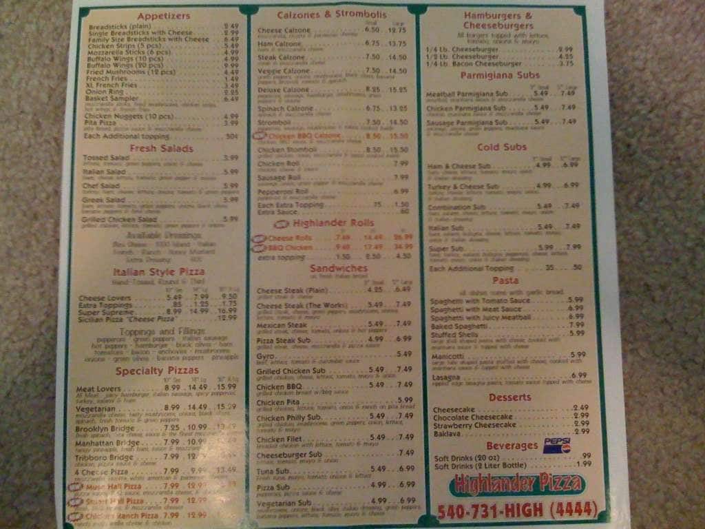 Menu at Highlander Pizza pizzeria, Radford