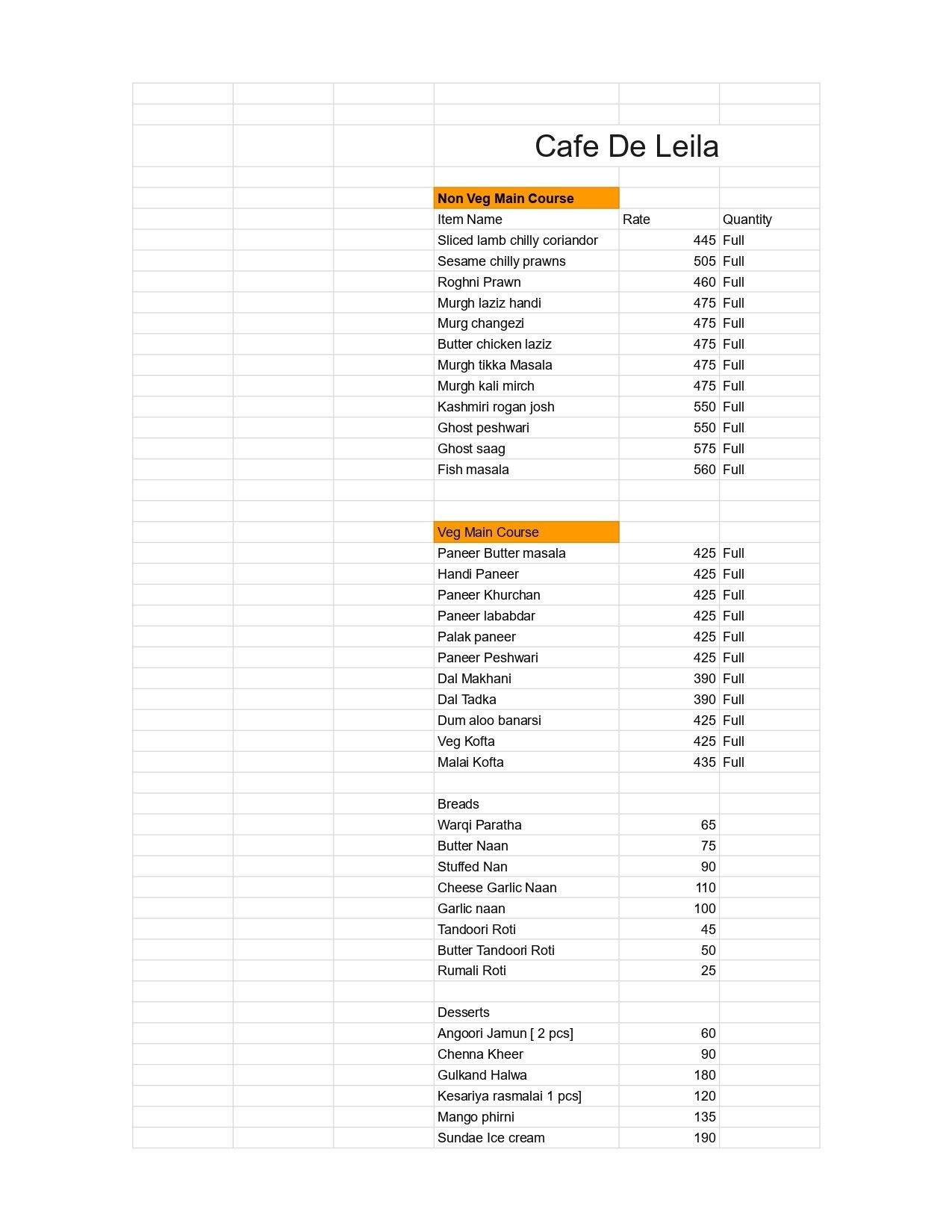 Menu of Cafe De Leila, Gomti Nagar, Lucknow
