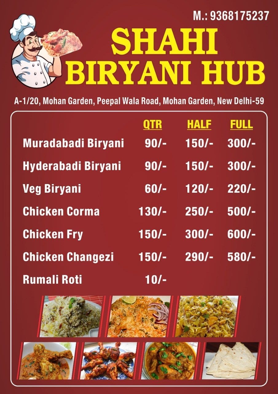 Menu of Shahi Biryani Hub, Uttam Nagar, New Delhi
