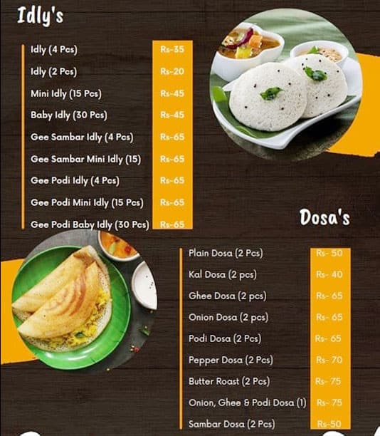 Menu of Idly Virundhu, Ambattur, Chennai