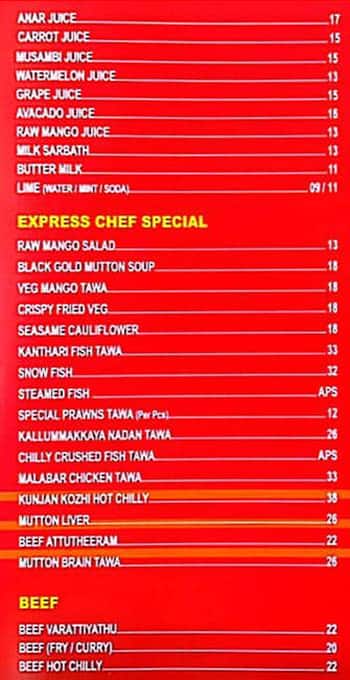 Menu of Malabar Express, Al Karama, Dubai