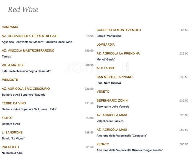 Menu at Fantozzi restaurant, London