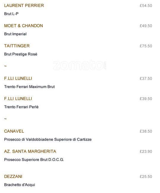 Menu at Fantozzi restaurant, London