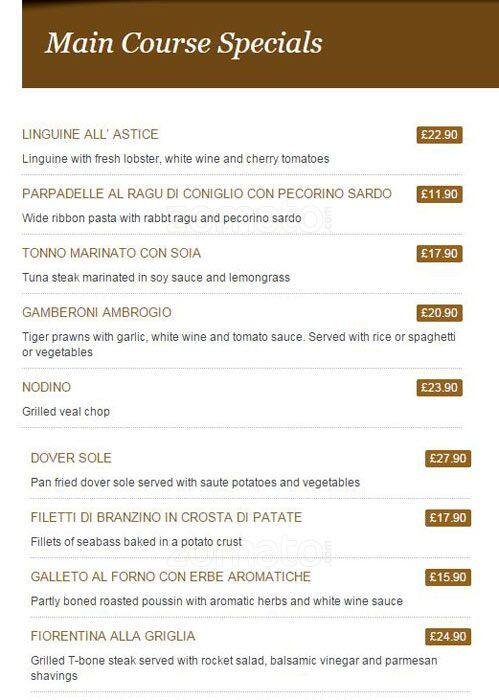 Menu at Fantozzi restaurant, London