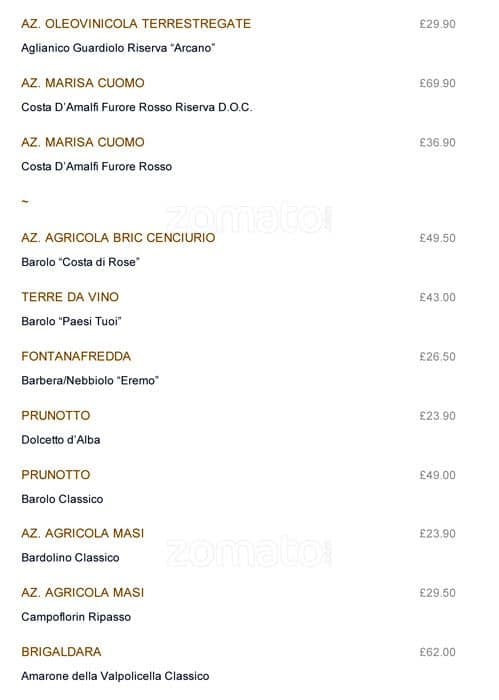 Menu at Fantozzi restaurant, London