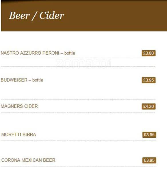 Menu at Fantozzi restaurant, London