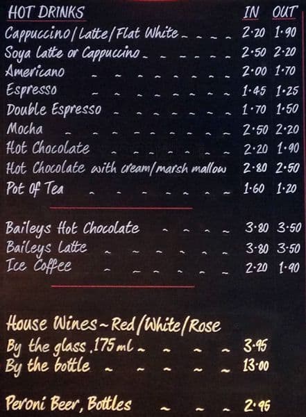 Menu at Moca cafe, London