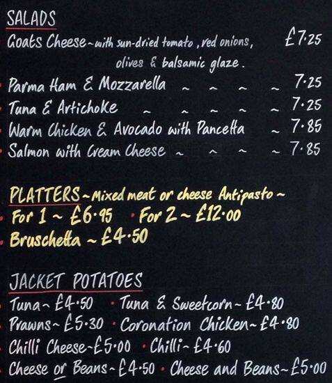 Menu at Moca cafe, London