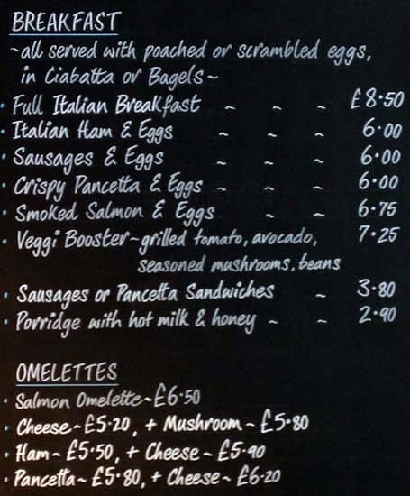 Menu at Moca cafe, London
