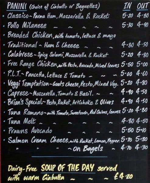 Menu at Moca cafe, London