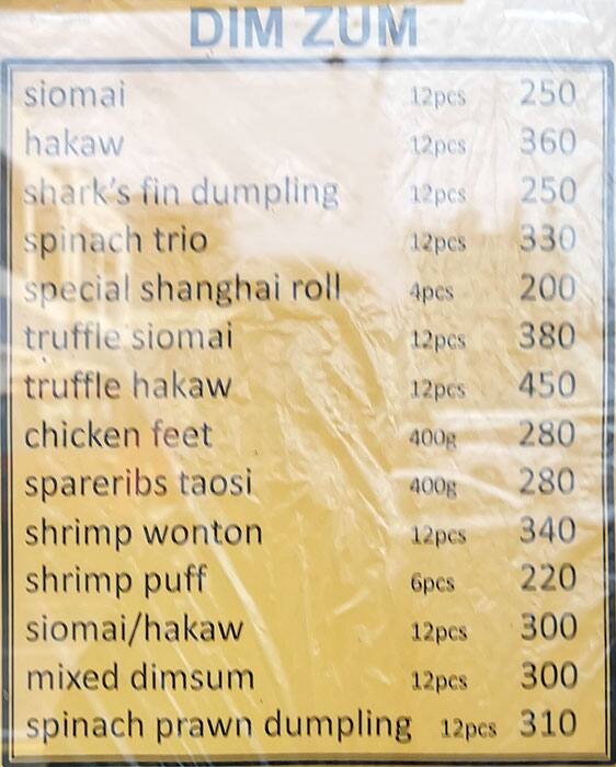 Menu at Dim Zum restaurant, San Juan