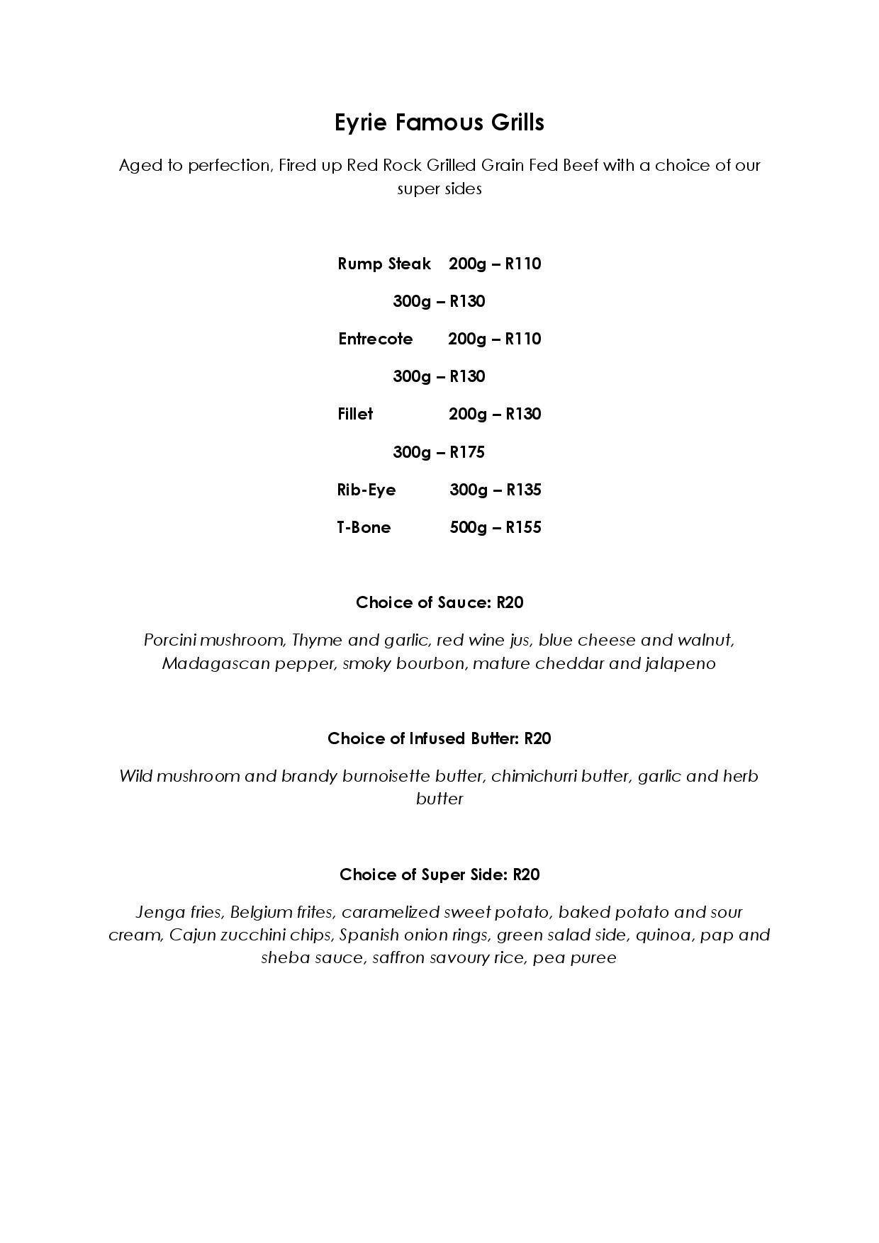 Menu at The Eyrie, Roodepoort