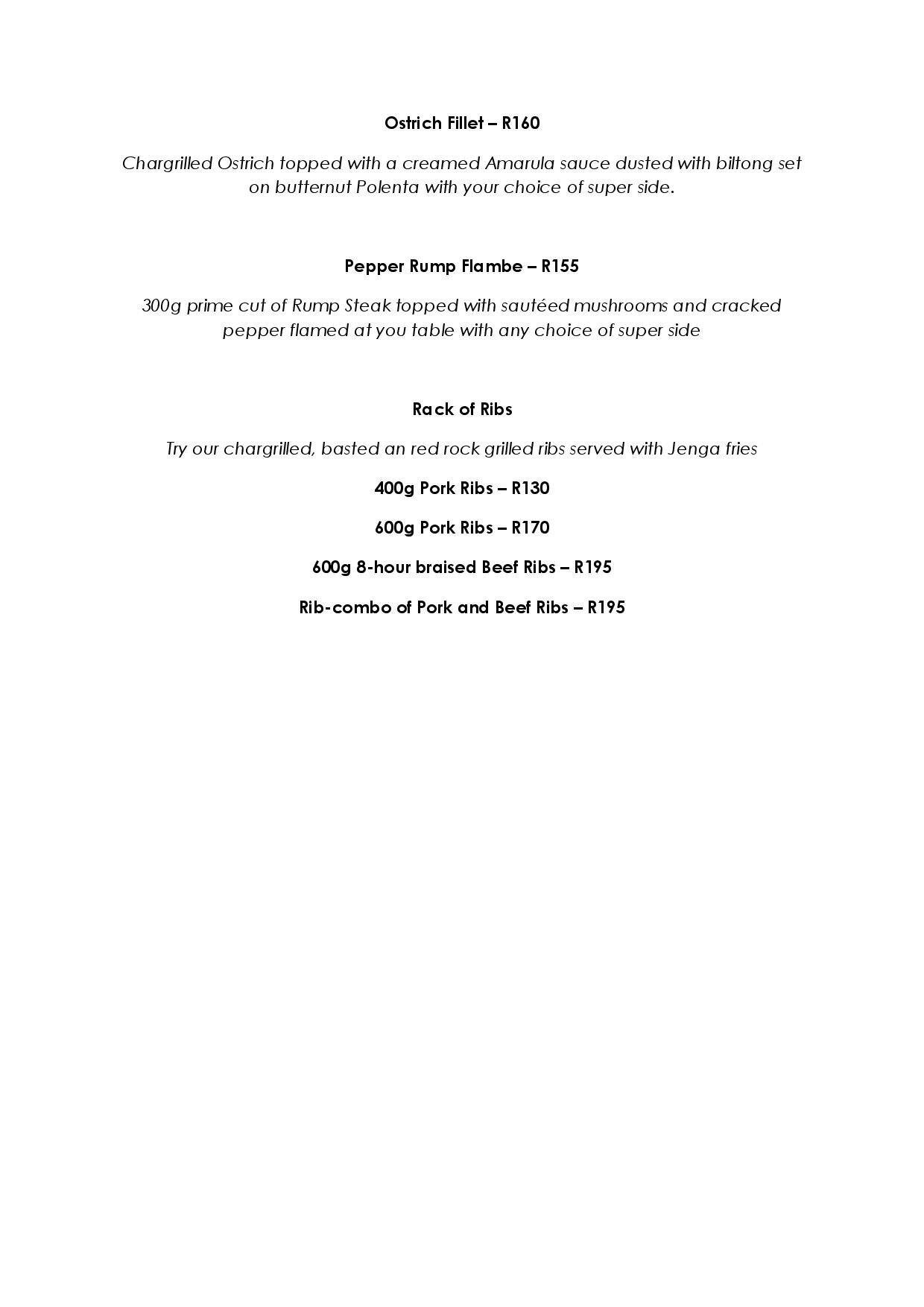 Menu at The Eyrie, Roodepoort