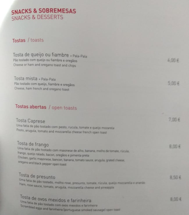 Menu em Jackpot Bar, Portugal