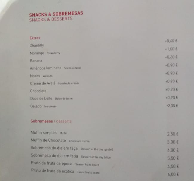 Menu em Jackpot Bar, Portugal