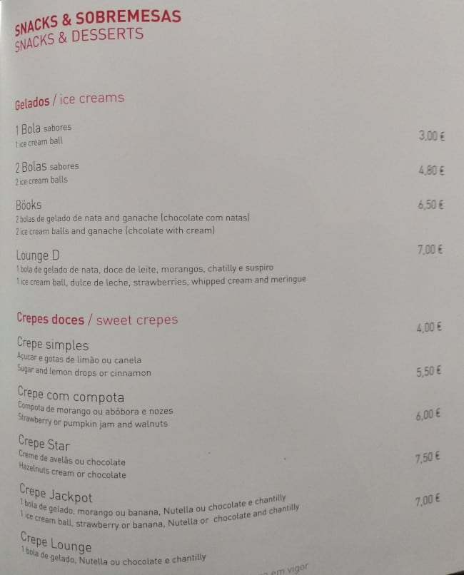 Menu em Jackpot Bar, Portugal