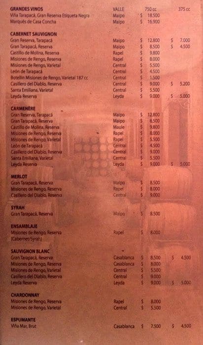 Menu at Carnes Lo Marcoleta restaurant, Quilicura