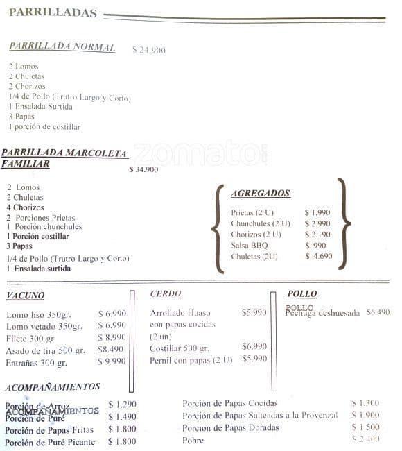 Menu at Carnes Lo Marcoleta restaurant, Quilicura
