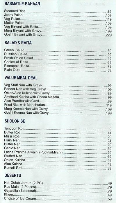 Menu at Abshar, Panchkula, SCO 411