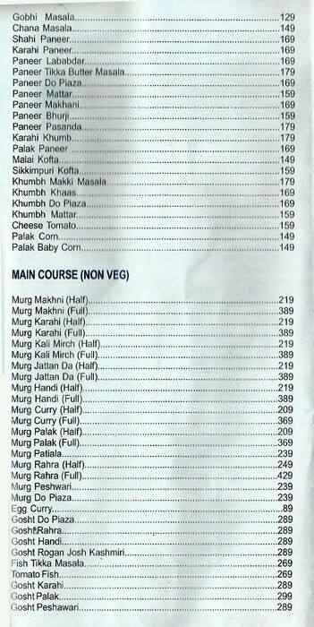 Menu at Abshar, Panchkula, SCO 411