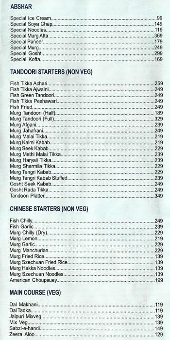 Menu at Abshar, Panchkula, SCO 411