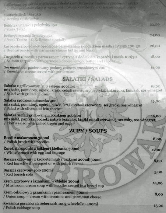 Menu at C.K. Browar Bar & Restaurant Est. 1996, Kraków