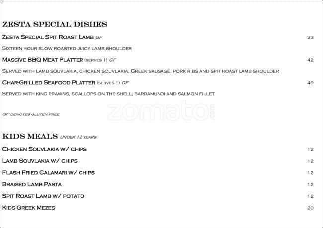 Menu at Zesta Greek Restaurant, Menai, Shop 10