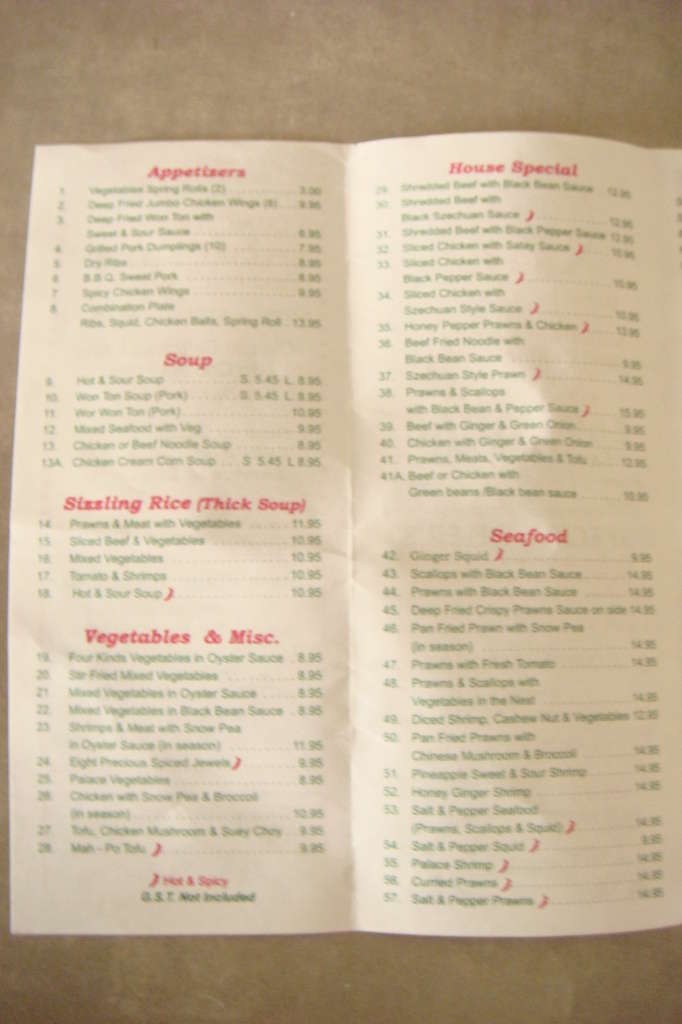 Menu at Chinese Village Oriental & Western restaurant, Calgary