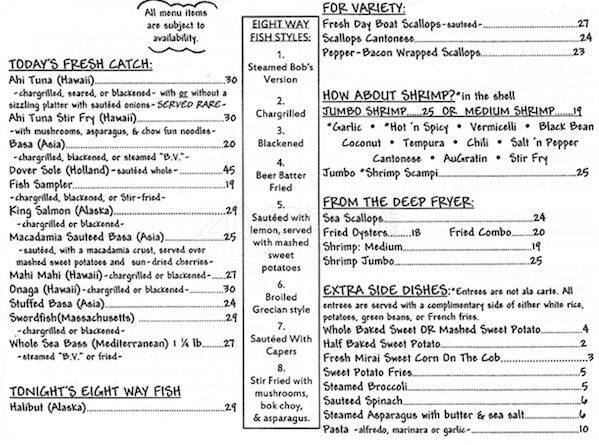 Menu at Bob Chinn's Crab House restaurant, Wheeling