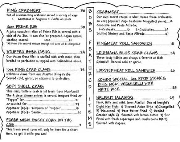 Menu at Bob Chinn's Crab House restaurant, Wheeling