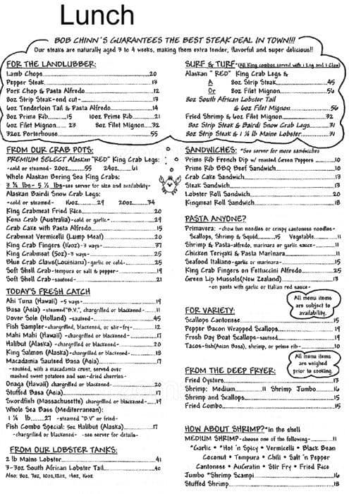 Menu at Bob Chinn's Crab House restaurant, Wheeling