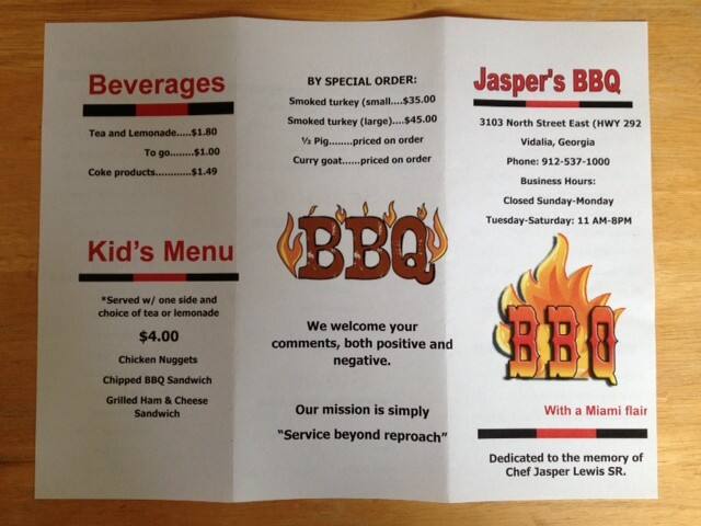 Menu at Jasper's Bar-B-Que, Vidalia