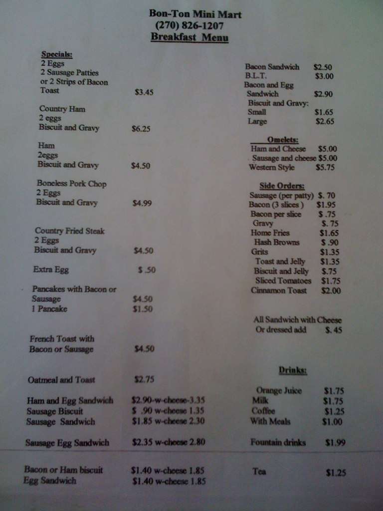 Menu at Bon Ton Mini Mart restaurant, Henderson