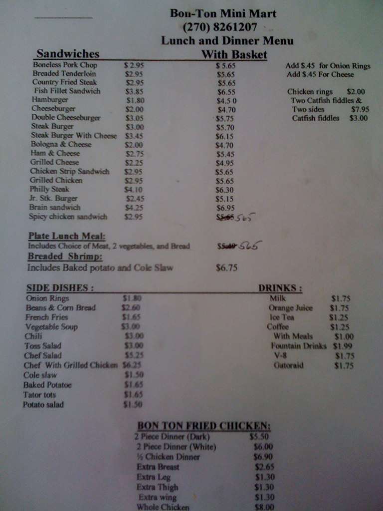 Menu at Bon Ton Mini Mart restaurant, Henderson