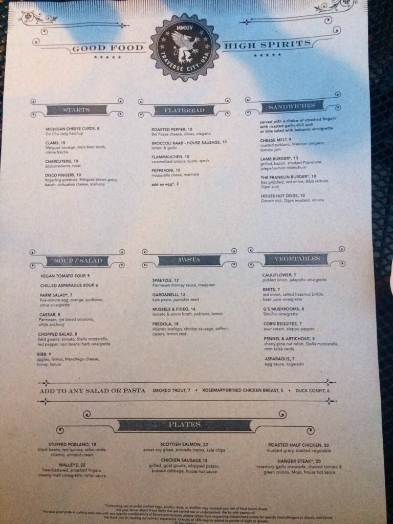 Menu at The Franklin pizzeria, Traverse City