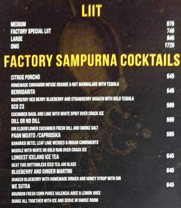 Menu of Factory - Pub, Bar & Brewery, Sector 29, Gurgaon