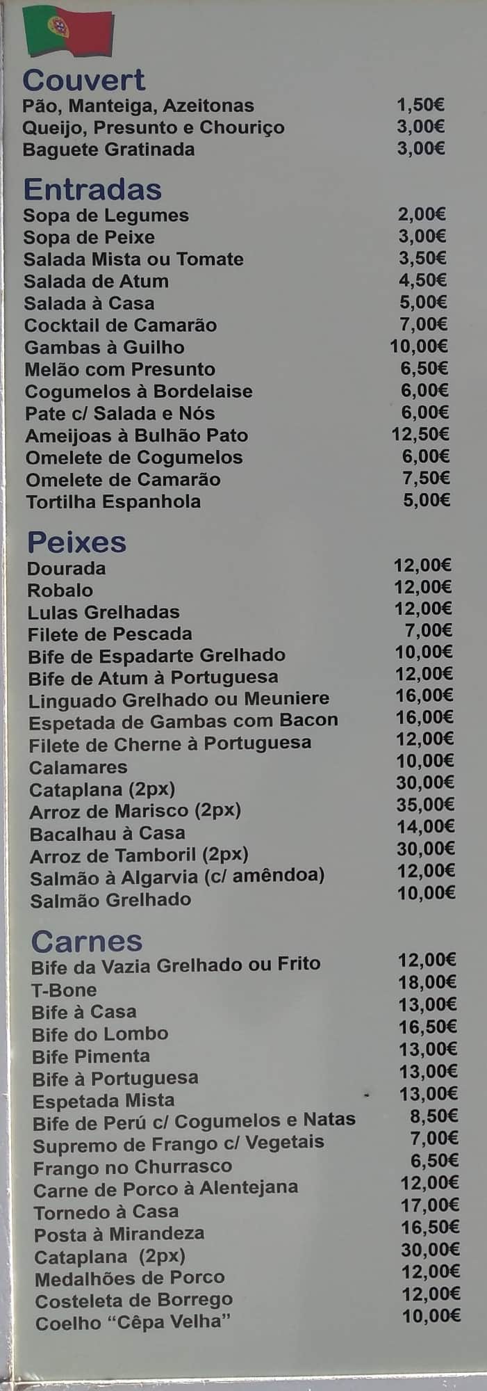 Menu em Cepa Velha restaurante, Albufeira
