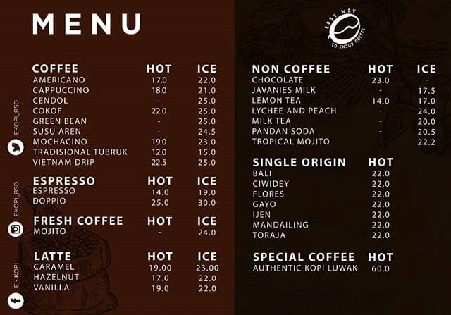 Menu at E - KOPI cafe, Tangerang