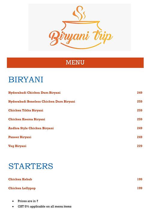 Menu at Biryani Trip - Destination Hyderabad, Bengaluru, Shop -1