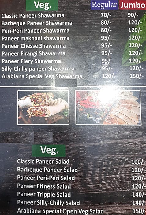 Menu of Arabiana Shawarmas & More, Upvan, Thane West, Thane