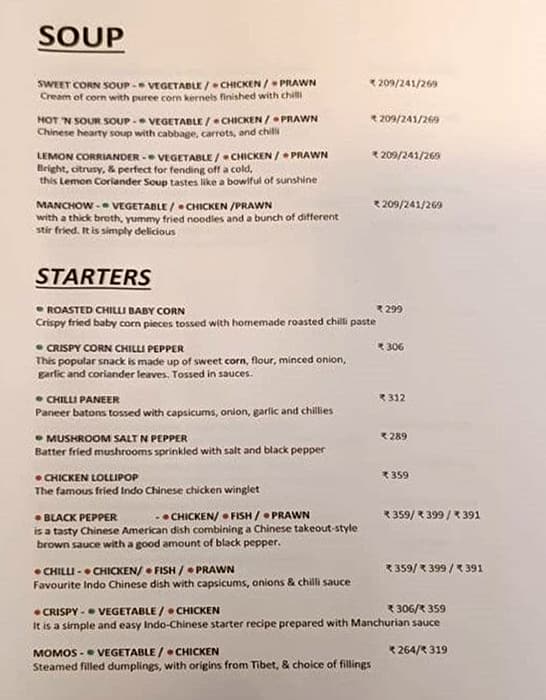 Menu of Tora, Adyar, Chennai