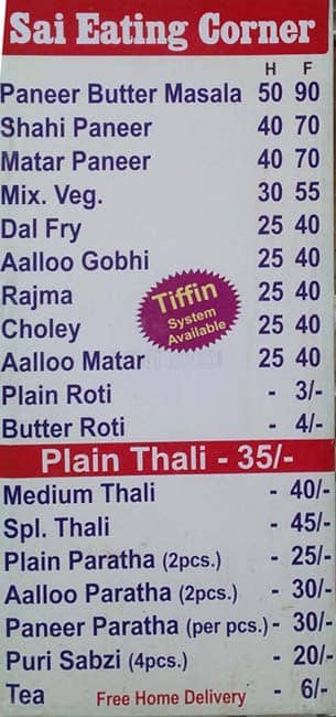Menu at Sai Eating Corner, New Delhi, J7HF+W6C
