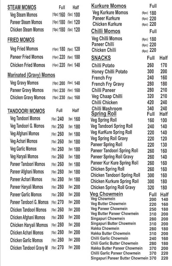 Menu of Sunil Momos.com, Uttam Nagar, New Delhi